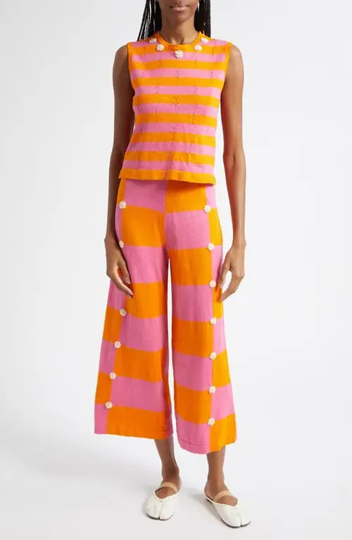 YANYAN Daisy Intarsia Check Linen Blend Wide Leg Pants