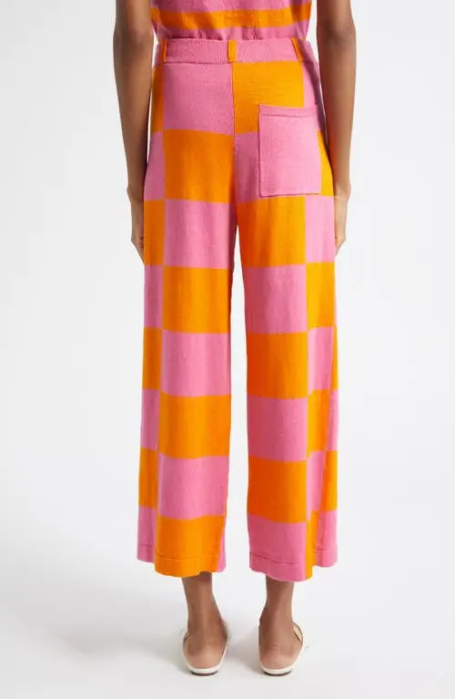 YANYAN Daisy Intarsia Check Linen Blend Wide Leg Pants