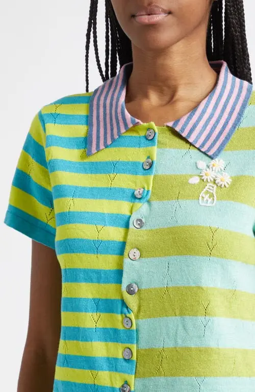 YANYAN Daisy Embroidered Stripe Pointelle Cardigan