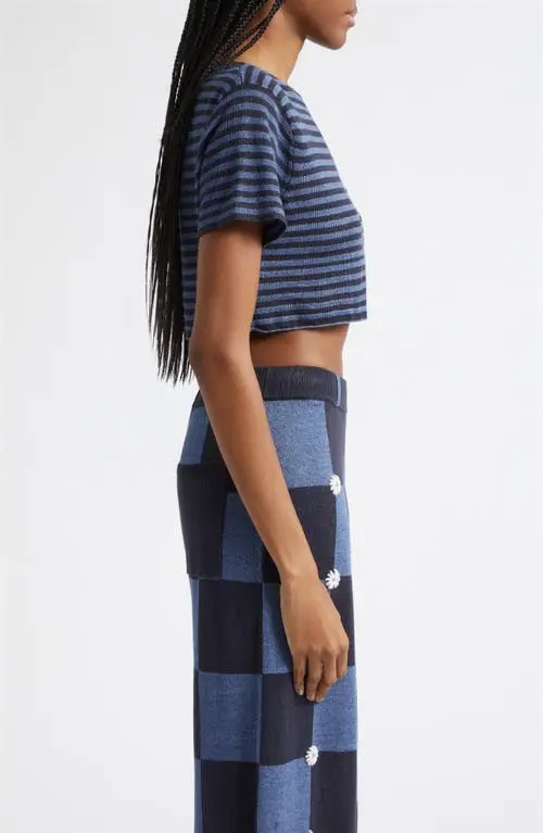 YANYAN Daisy Stripe Crop Short Sleeve Linen Sweater