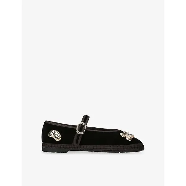 FLABELUS Mae Pierre Jewel Velvet Mary Jane Flats - Black