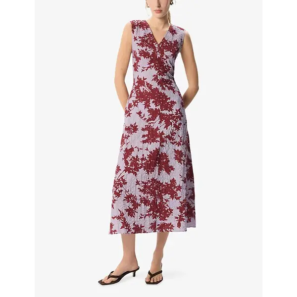 Whistles Floral Textured Cotton V-neck Midi Dress