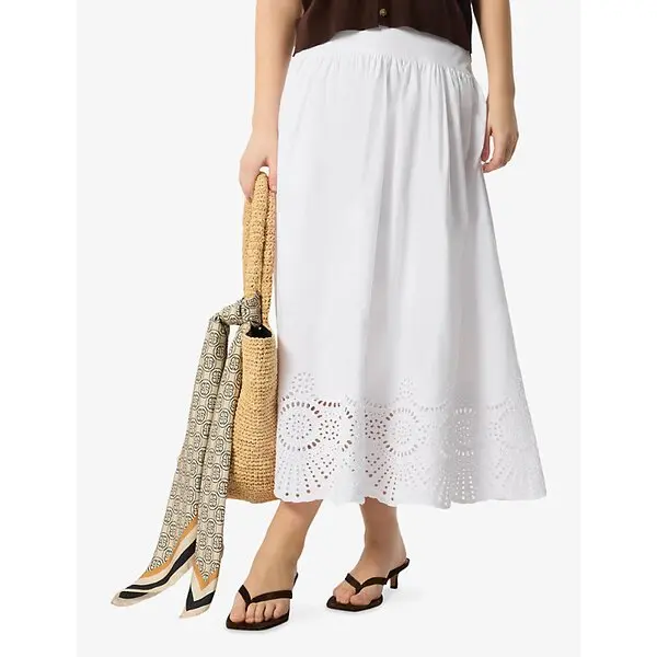 Whistles Flared Broderie-trim Cotton Midi Skirt