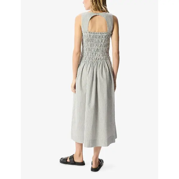 Whistles Striped Shirred-bodice Cotton Midi Dress
