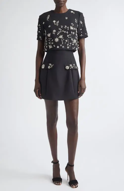 Oscar De La Renta Embellished Crystal Flowers Stretch Wool Cocktail Dress - Black