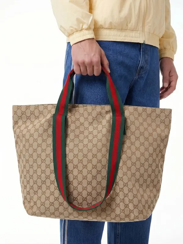 Gucci Gg Canvas Tote Bag With Web Detail - Beige