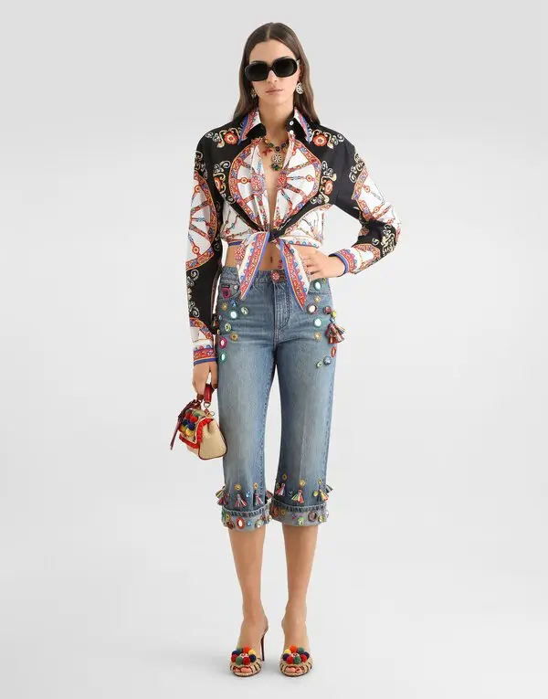 Dolce & Gabbana Carretto-print Cotton Poplin Cropped Shirt