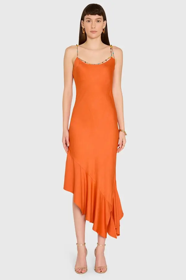 Amanda Uprichard Eros Midi Dress With Asymmetrical Hem And Beaded Straps - Pomelo