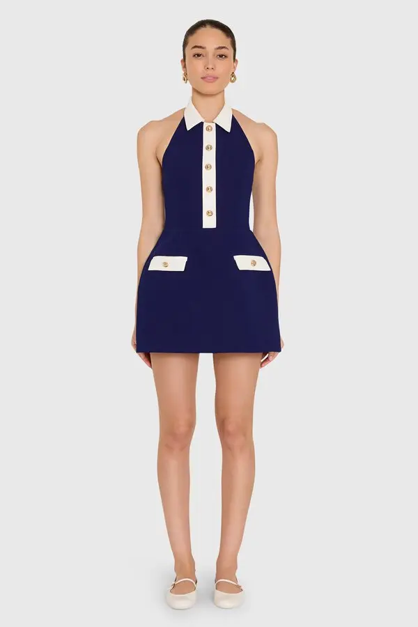 Amanda Uprichard Archer Romper With Halter Neck And Contrast Collar - Navy/ivory