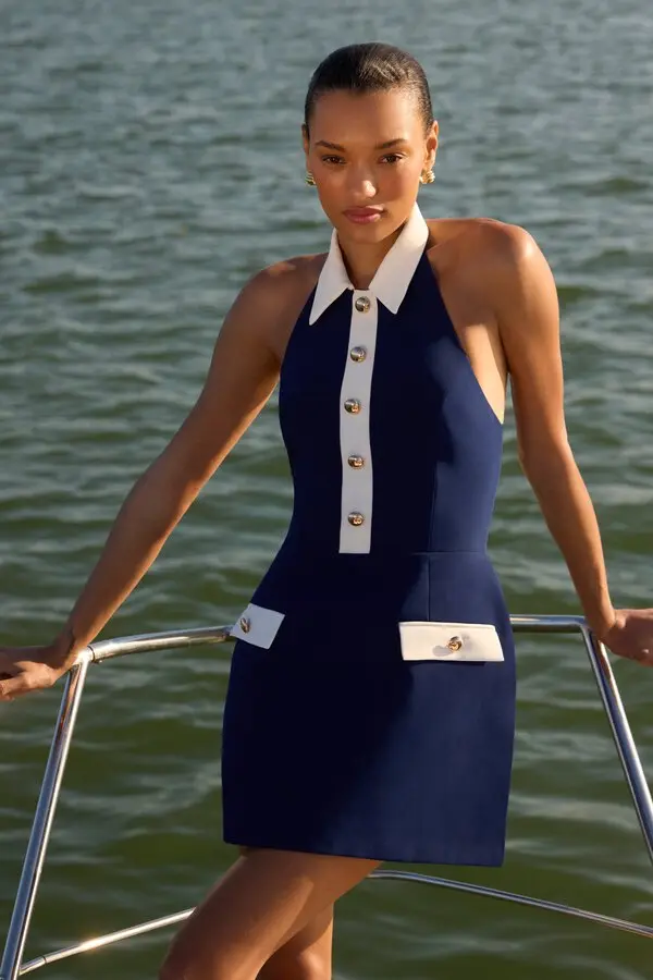 Amanda Uprichard Archer Romper With Halter Neck And Contrast Collar - Navy/ivory