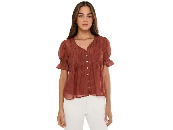 Vince Camuto Pintucked Puff Sleeve V-neck Top - Brown