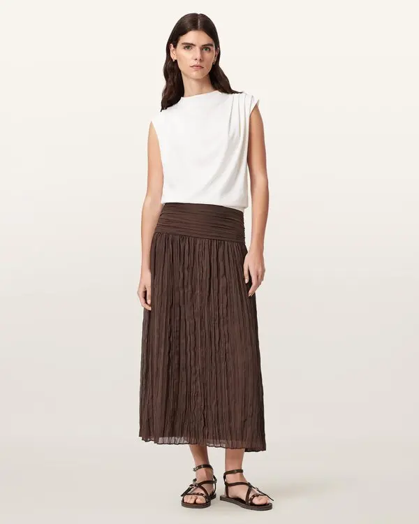 ALLSAINTS Asymmetric Ruched Maxi Skirt - Brown