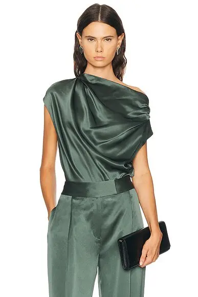 THE SEI Asymmetrical Draped Satin Top - Thyme