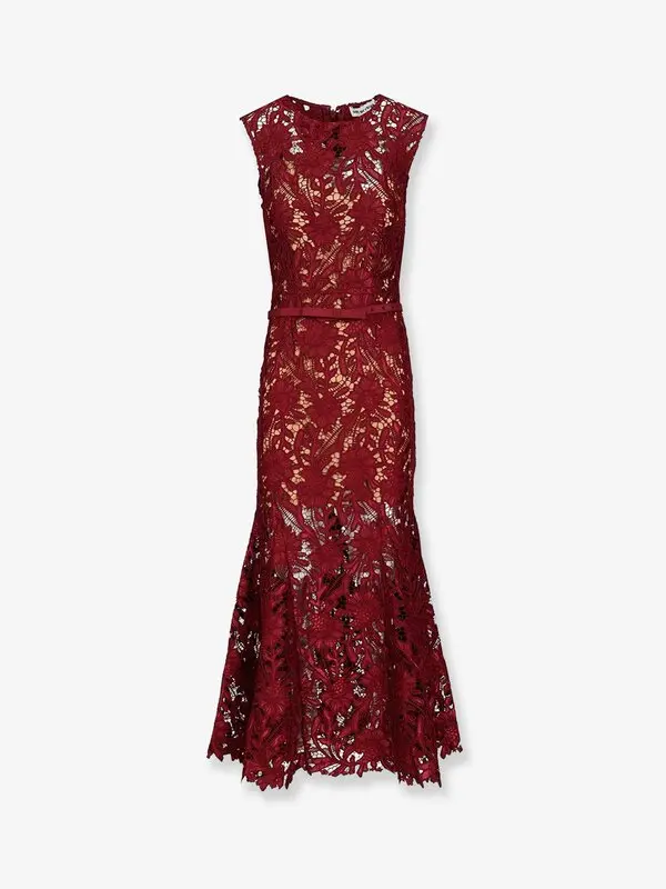 SELF-PORTRAIT Lace Midi Dress With Belt - Red