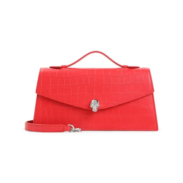 Alexander McQueen Skull Top Handle Bag In Crocodile-embossed Calf Leather - Red