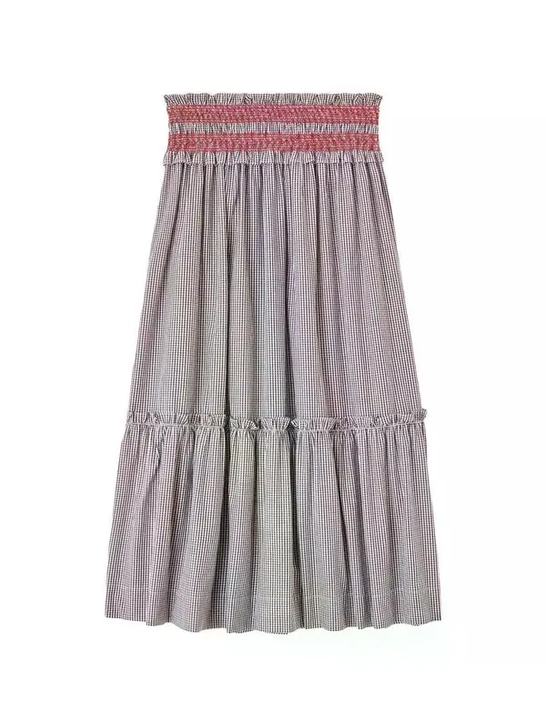 GANNI Shirred Gingham-check Maxi Skirt - Brown