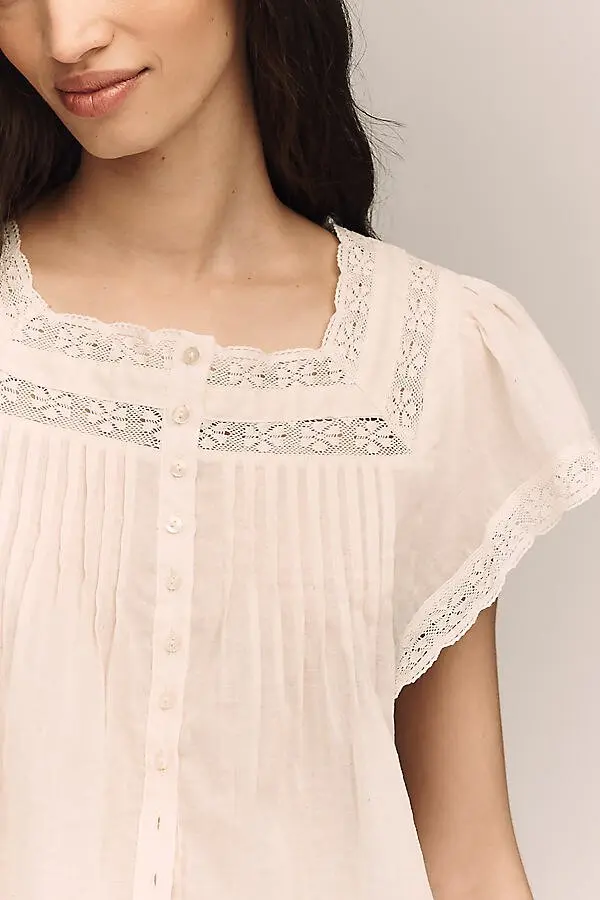 RAISONNEL Cotton Pintuck Blouse With Lace Trim