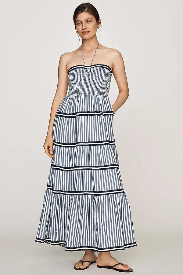 Anthropologie Linen Cotton Halter Midi Dress - Blue Pattern