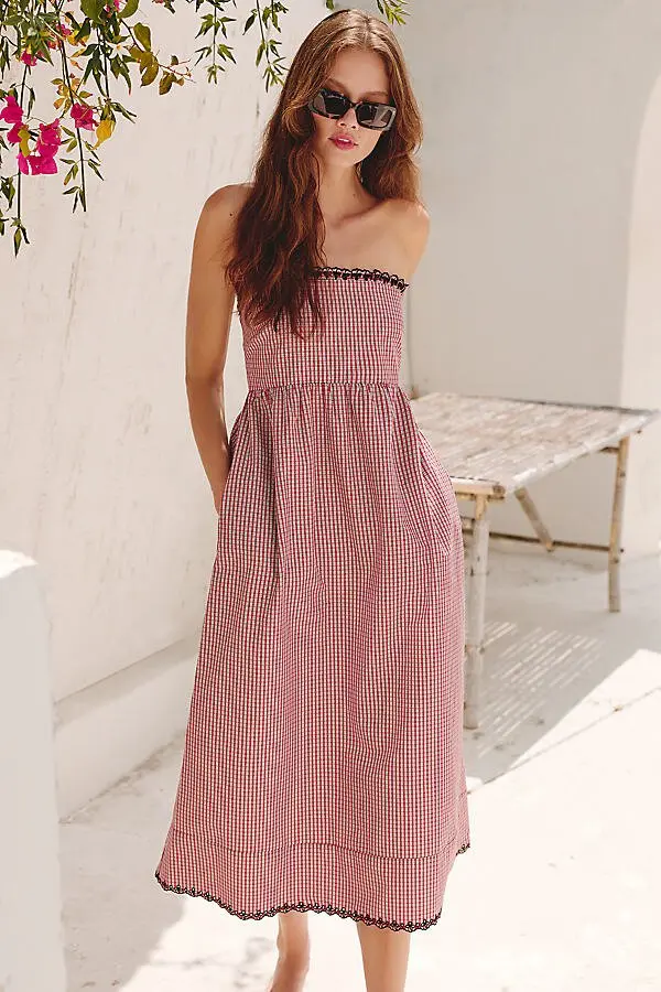 SNDYS. Logen Embroidered Midi Dress - Pink Pattern