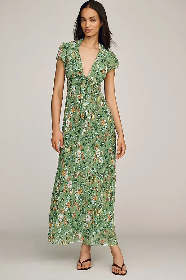 Anthropologie V-neck Tie Midi Dress - Green Pattern