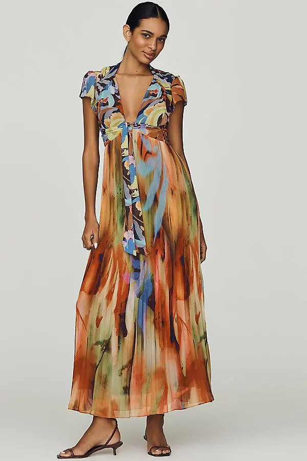 Anthropologie V-neck Tie Midi Dress - Red Pattern