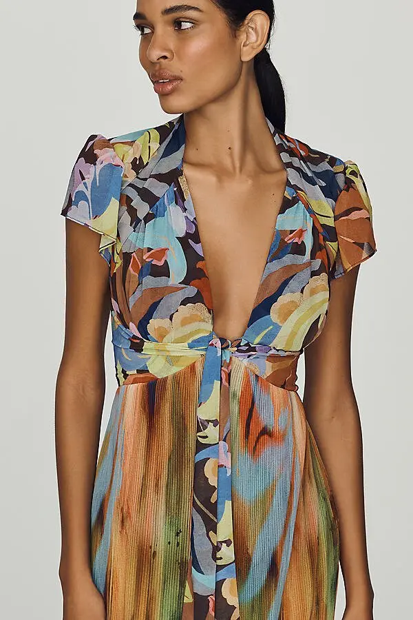 Anthropologie V-neck Tie Midi Dress - Red Pattern