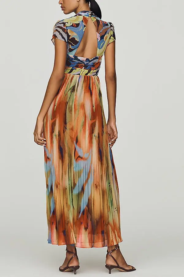 Anthropologie V-neck Tie Midi Dress - Red Pattern