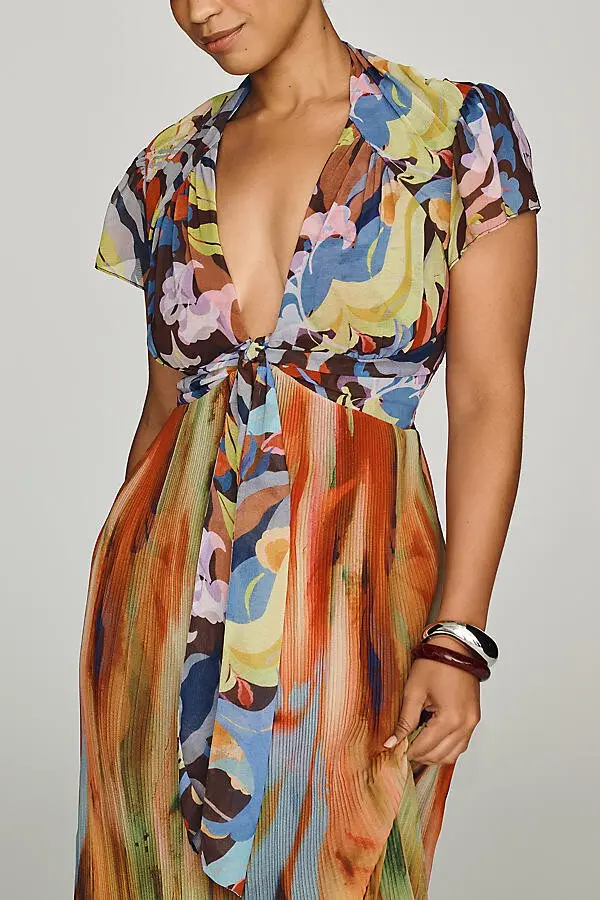 Anthropologie V-neck Tie Midi Dress - Red Pattern
