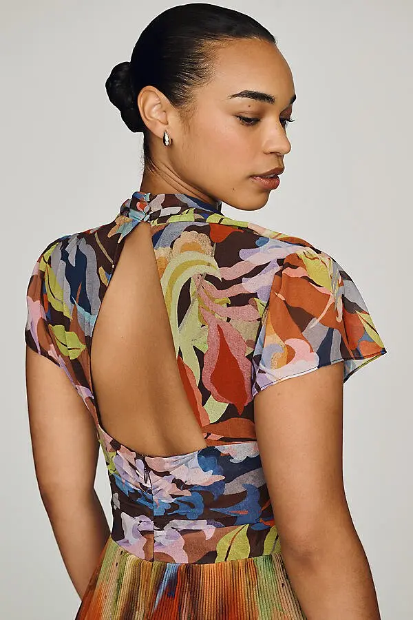 Anthropologie V-neck Tie Midi Dress - Red Pattern