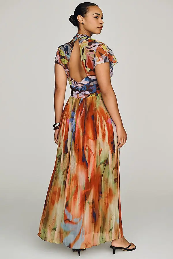 Anthropologie V-neck Tie Midi Dress - Red Pattern