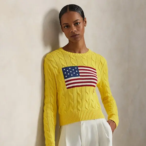 Ralph Lauren Flag Cable-knit Cotton Cropped Sweater - Lemon Crush