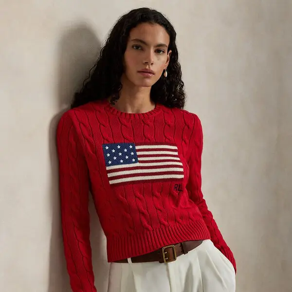 Ralph Lauren Flag Cable-knit Cotton Cropped Sweater - Rl Red