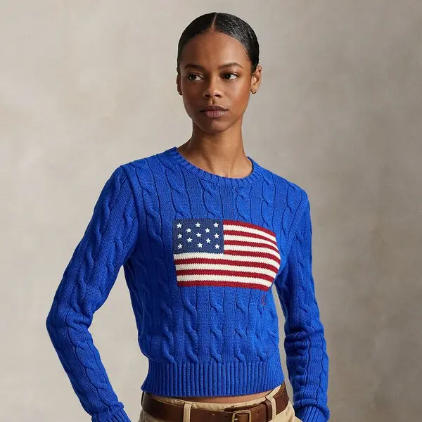 Ralph Lauren Flag Cable-knit Cotton Cropped Sweater - Sapphire Star