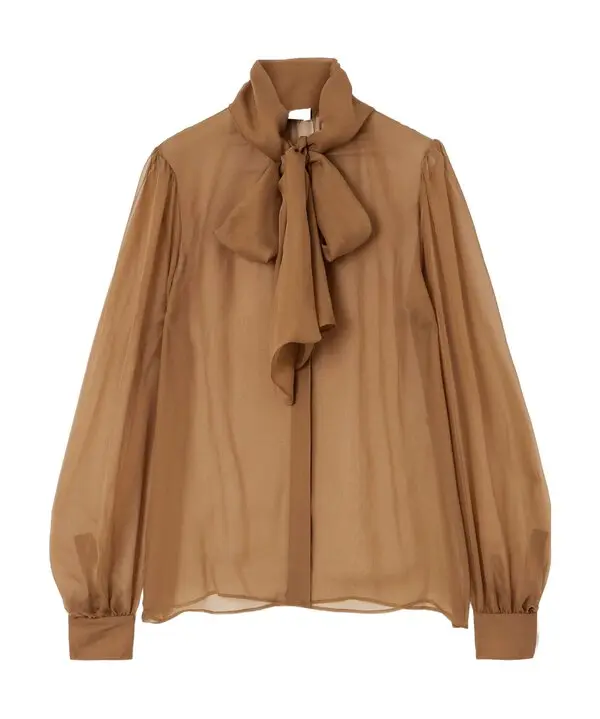 Saint Laurent Pussy-bow Long-sleeved Shirt - Camel