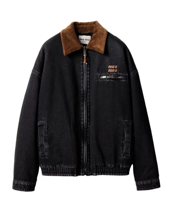 Miu Miu Logo-patch Zipped Denim Padded Jacket - Black