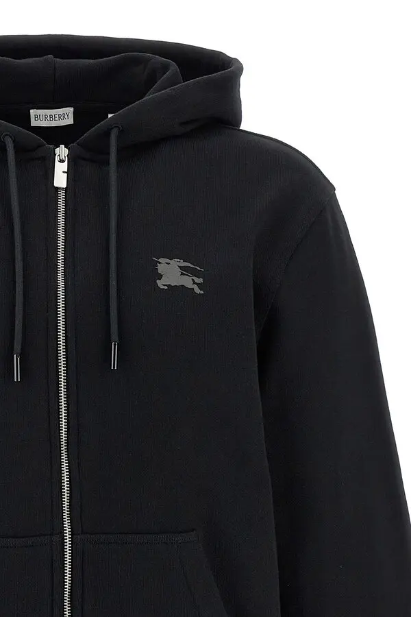 Burberry Zip-up Drawstring Hoodie With Equestrian Knight Motif - Black