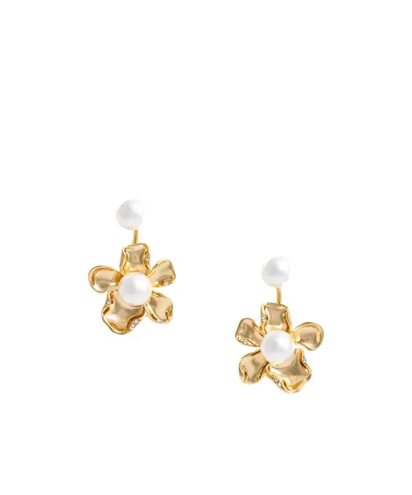 SELF-PORTRAIT Gold Flower Pearl Jacket Earrings - Yellow