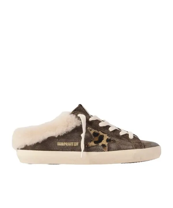 GOLDEN GOOSE Super-star Sabot Shearling-lined Calf Hair-trimmed Distressed Suede Slip-on Sneakers - Nude