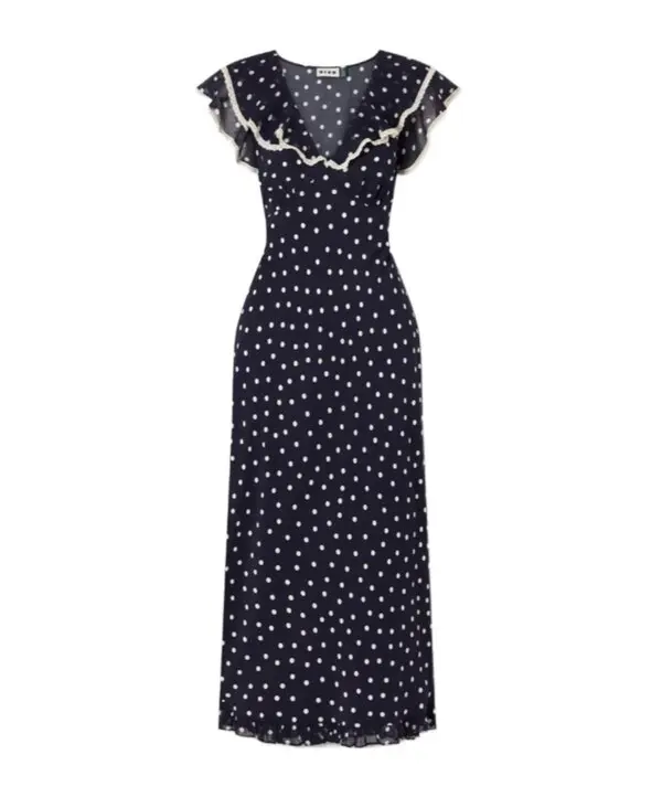 Rixo Polka Dot V-neck Midi Dress With Crochet Lace Trim - Black