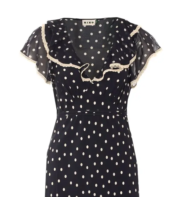 Rixo Polka Dot V-neck Midi Dress With Crochet Lace Trim - Black