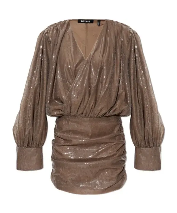 ROTATE BY BIRGER CHRISTENSEN Long Sleeve Sequin Ruched V-neck Dress