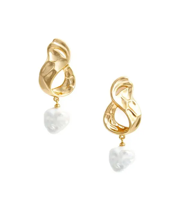 SELF-PORTRAIT Gold Link Pearl Drop Earrings - Yellow