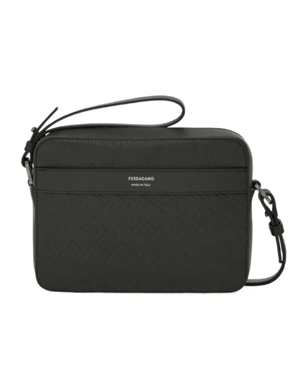 FERRAGAMO Monogram Embossed Shoulder Bag - Black