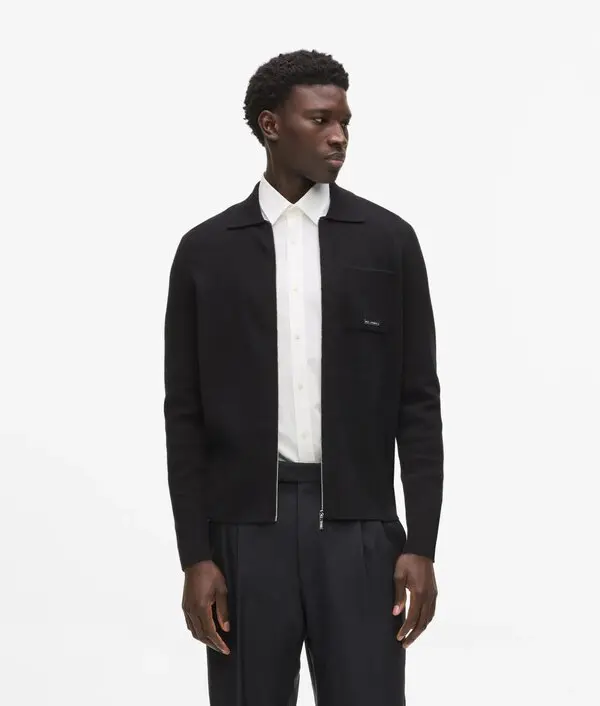 Karl Lagerfeld Knit Zip-up Jacket With Pointed Collar - Black