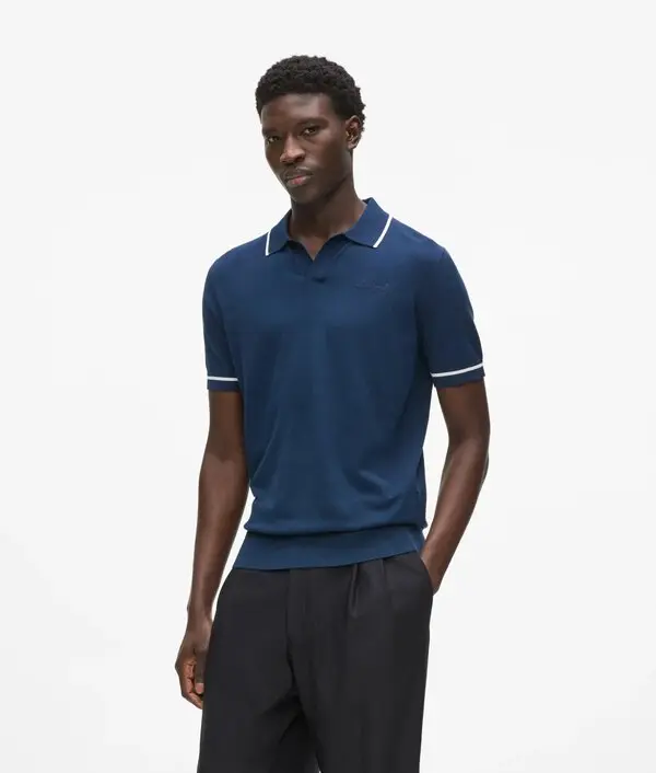 Karl Lagerfeld Contrast Piping Knit Polo Shirt - Navy