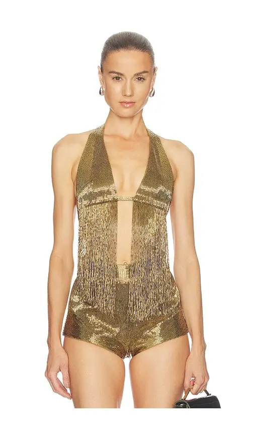 Retrofete Sereya Embellished Halterneck Top With Fringe - Brown