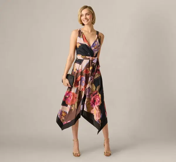 Adrianna Papell Floral Print Handkerchief Midi Dress - Black Multi