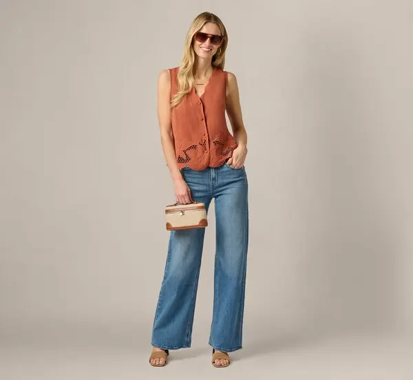 Adrianna Papell Floral Embroidered Lace Vest Top - Maple