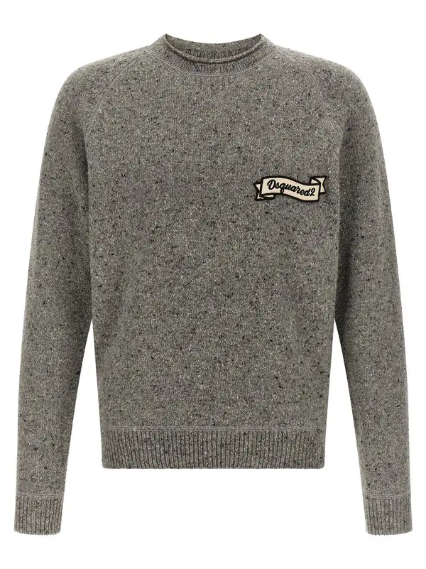 Dsquared2 Knit Wool Sweater With Contrast Stitching And Logo Patch - Gray