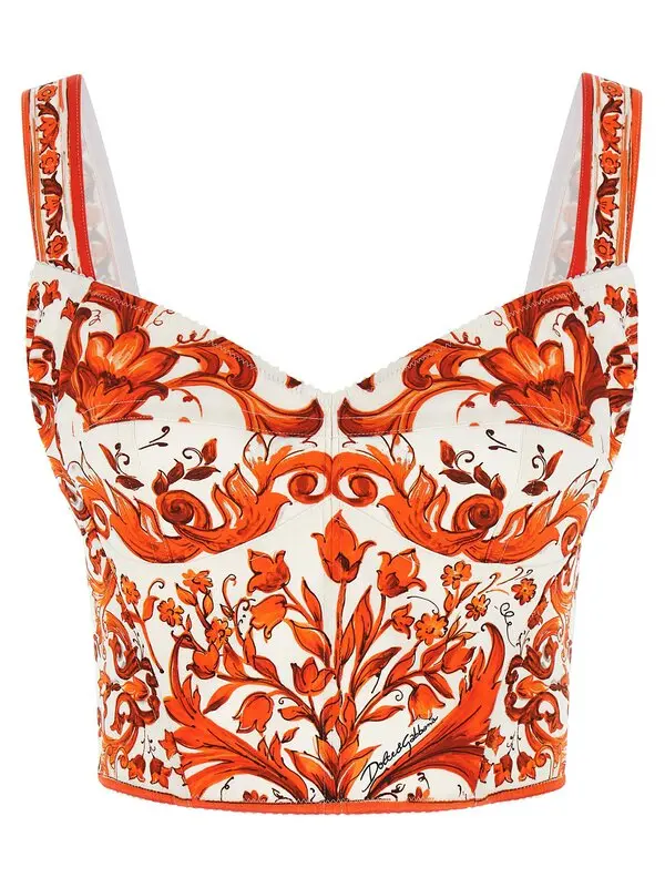 Dolce & Gabbana Maiolica' Print Silk Charmeuse Bustier Top - Orange